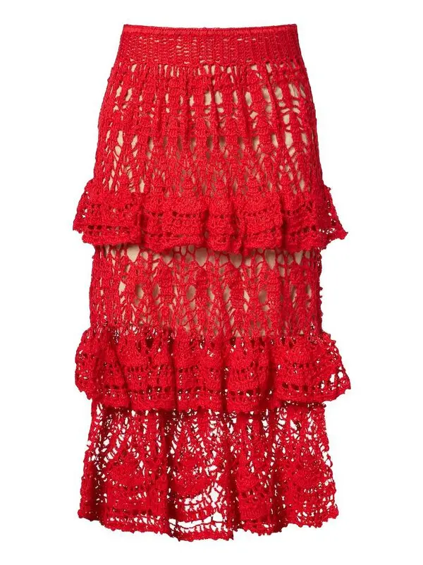 Anna Kosturova Elsie Crochet Ruffled Cotton Midi Skirt - Red