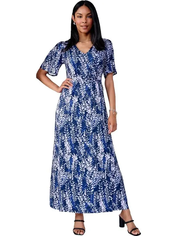 JESSICA LONDON Flutter-sleeve Wrap Maxi Dress - Deep Dusk Vines