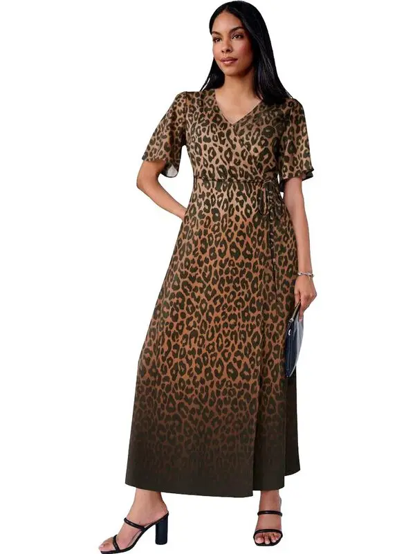 JESSICA LONDON Flutter-sleeve Wrap Maxi Dress - Neutral Gradient Cheetah