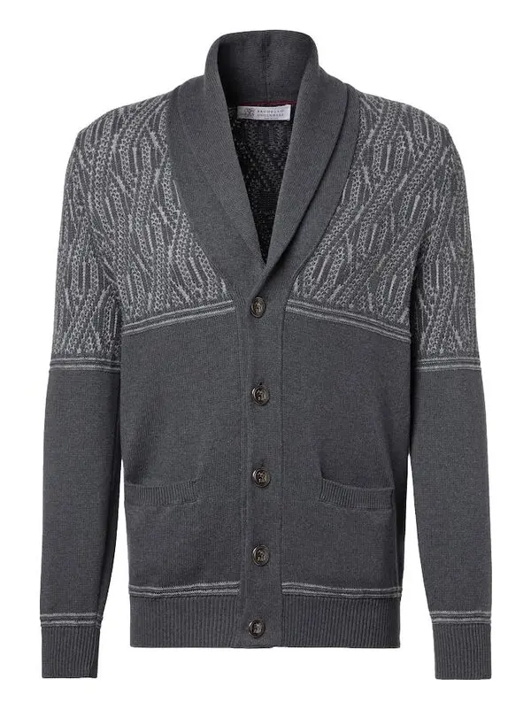 Brunello Cucinelli Jacquard Cotton Shawl Neck Cardigan - Grey