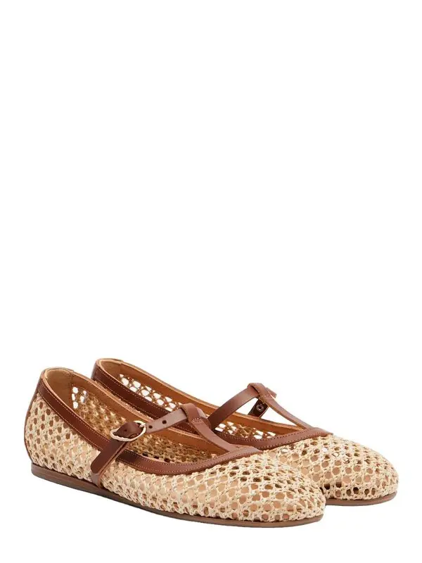 ANCIENT GREEK SANDALS Aerati Leather-trimmed Raffia Mary Jane Flats - Brown