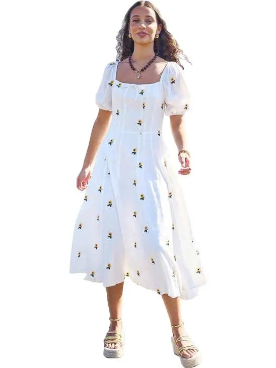 YUMI Cotton Sunflower Embroidered Midi Dress - White