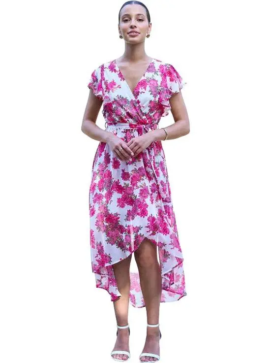 YUMI Floral Dipped Hem Wrap Dress - Ivory