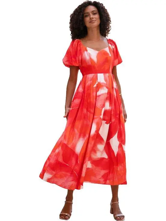 YUMI Floral Puff Sleeve Midi Dress - Red