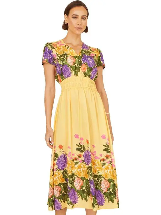 YUMI Floral Mirror Print Viscose Midi Dress - Butter Yellow