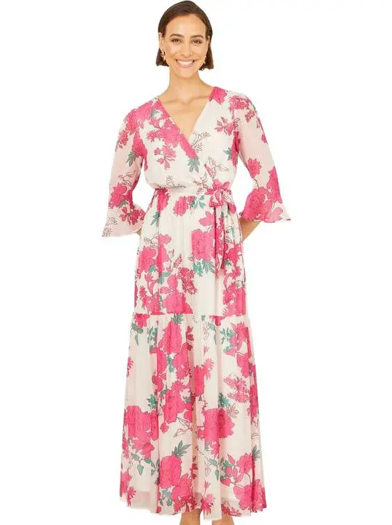 YUMI Blossom Print Maxi Wrap Dress - Pink
