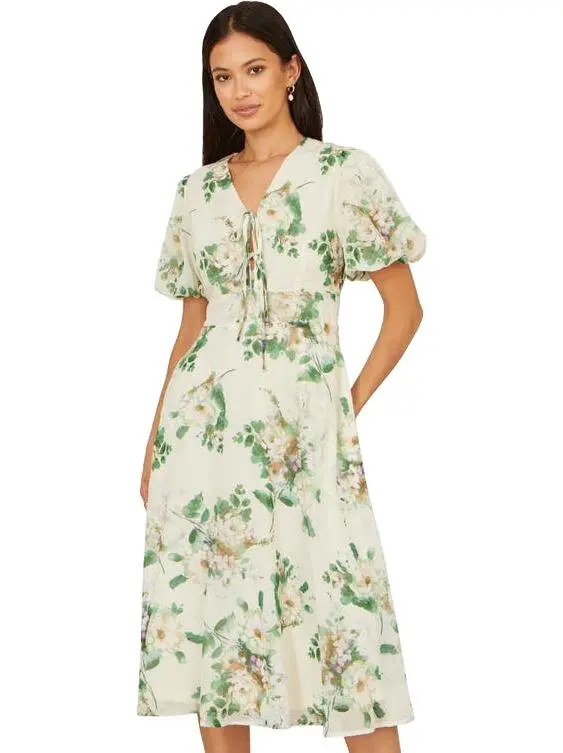 YUMI Floral Front Tie Detail Tea Dress - Ivory