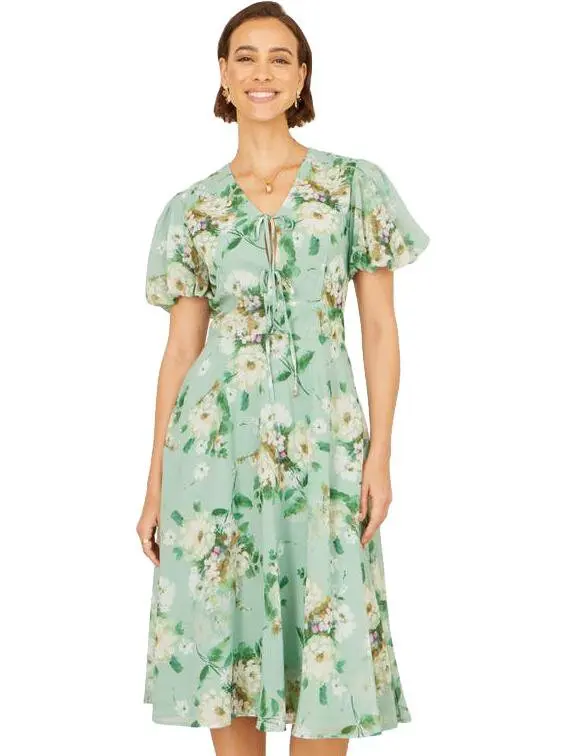 YUMI Floral Front Tie Detail Tea Dress - Mint Green