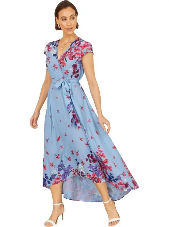 YUMI Floral Mirror Dip Hem Wrap Midi Dress - Blue