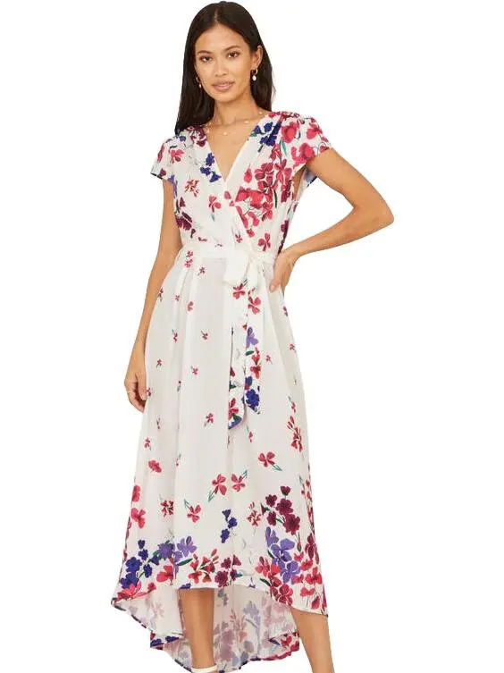 YUMI Floral Mirror Dip Hem Wrap Dress - Ivory