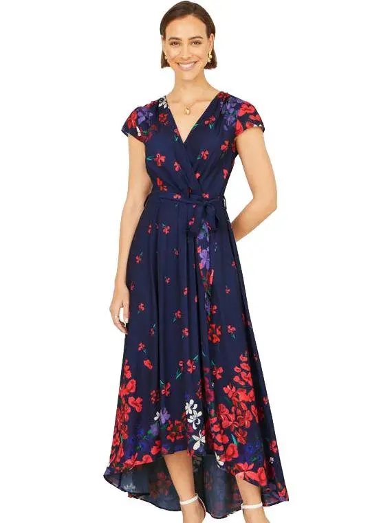 YUMI Floral Mirror Dip Hem Wrap Dress - Navy