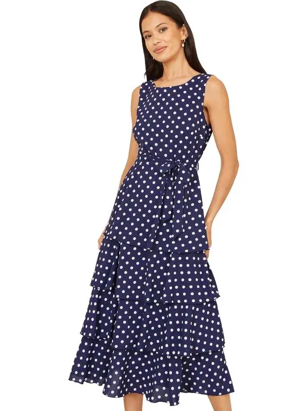 YUMI Spot Tiered Midi Dress - Navy