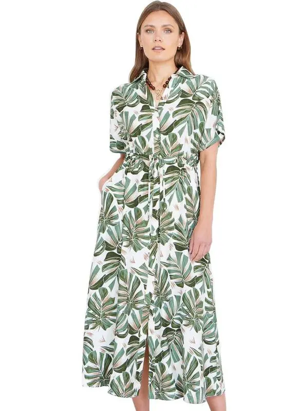 YUMI Relaxed Boho Print Maxi Shirt Dress - Green