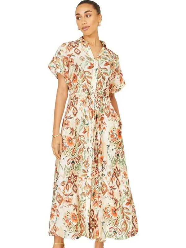 YUMI Relaxed Boho Print Maxi Shirt Dress - Ivory