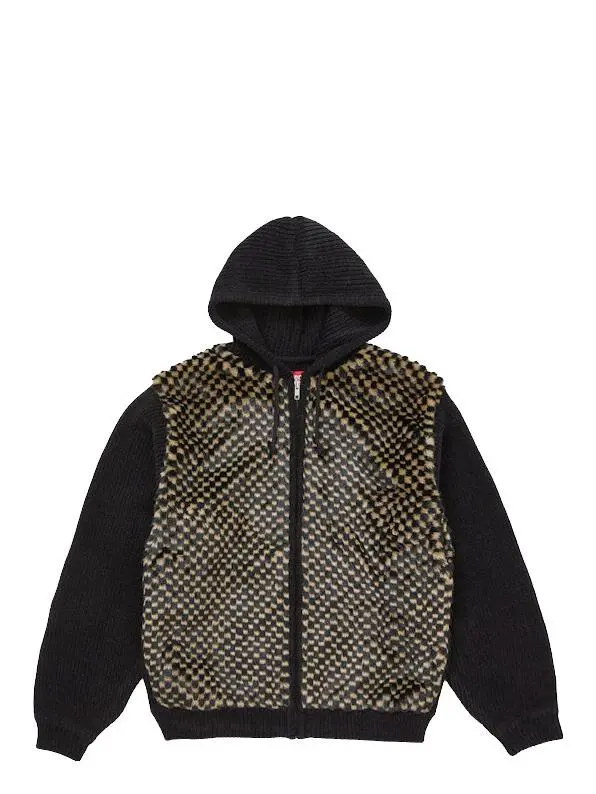Supreme Checkerboard Faux Fur Zip Up Hooded Sweater - Black