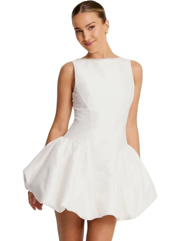 SIX STORIES Sleeveless Embellished Bubble Hem Mini Dress - White