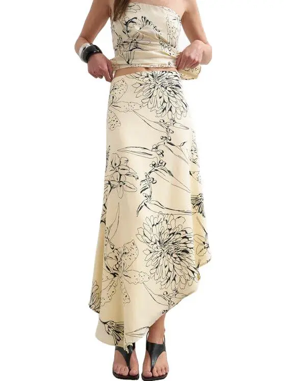 Topshop Floral Satin Asymmetric Hem Midi Skirt - Ivory