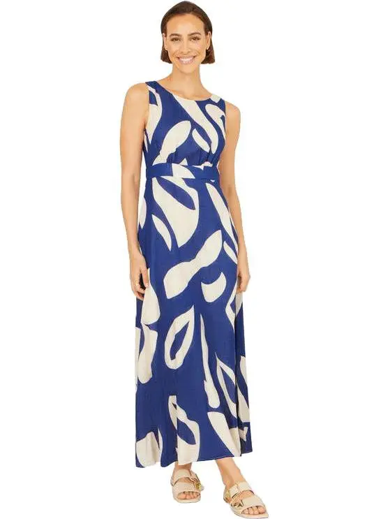YUMI Cotton Abstract Print Maxi Dress - Navy