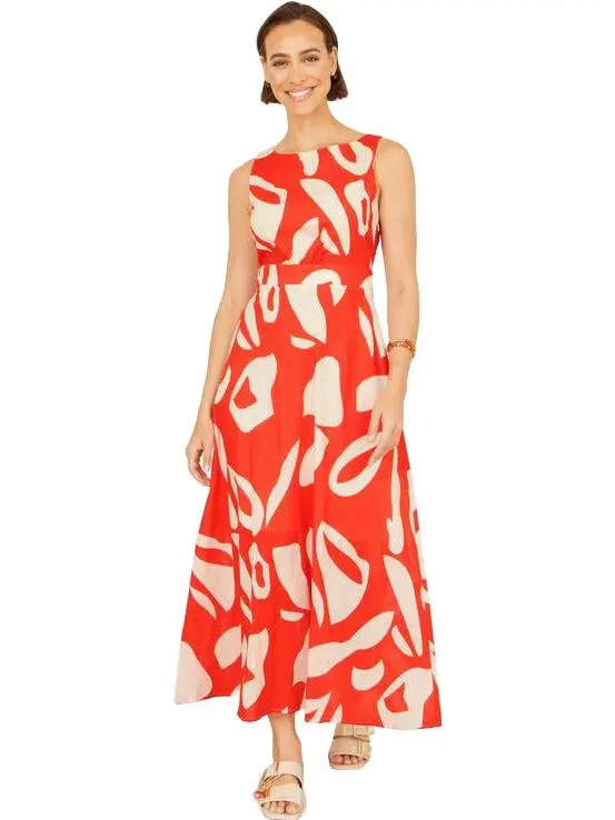 YUMI Cotton Abstract Print Maxi Dress - Orange