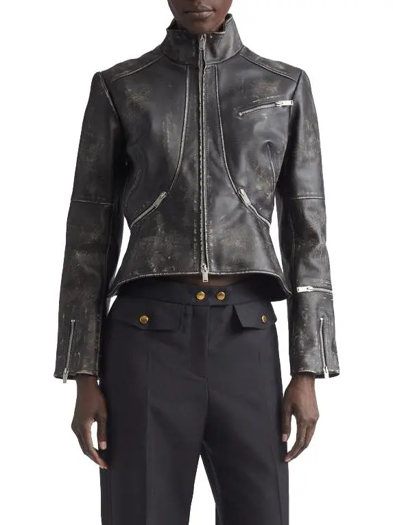 Alexander McQueen Cropped Brushed Leather Jacket - Black/brown
