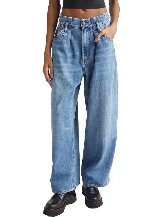 R13 Pleated Wide Leg Jeans - Concrete Blue