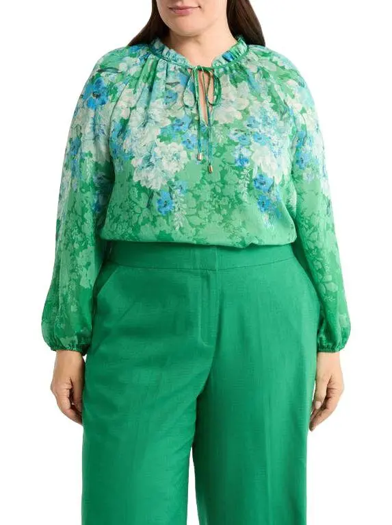 TAHARI ASL Floral Print Tie-neck Blouse - Green Blue
