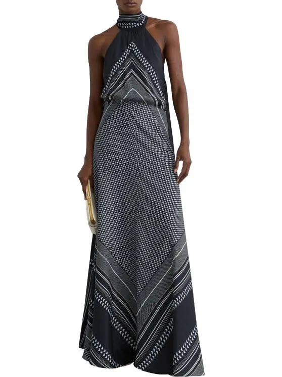 REISS Skylar High Neck Scarf Print Maxi Dress - Navy