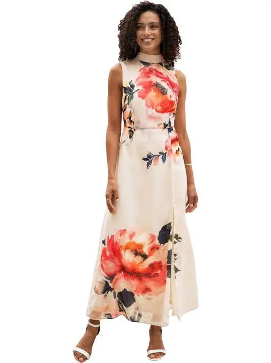 YUMI Floral High Neck Maxi Dress - Ivory