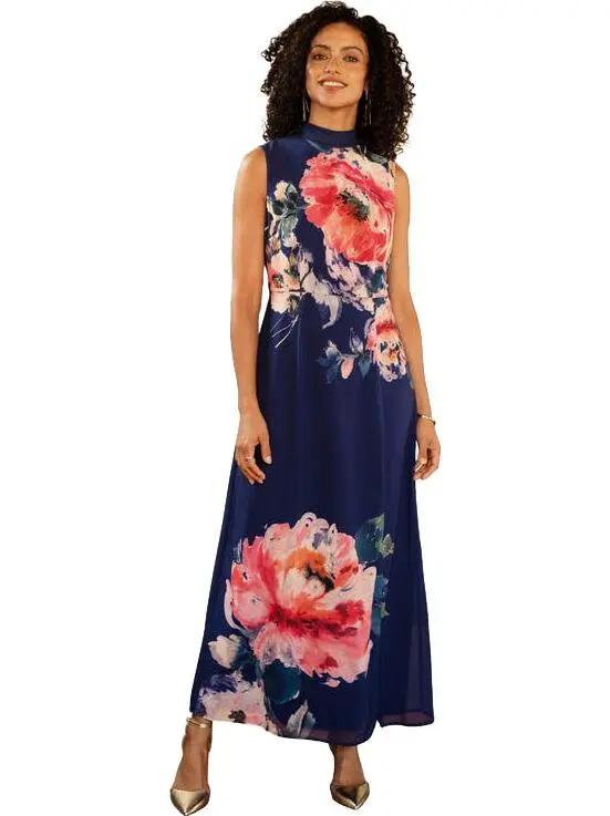 YUMI Floral High Neck Maxi Dress - Navy