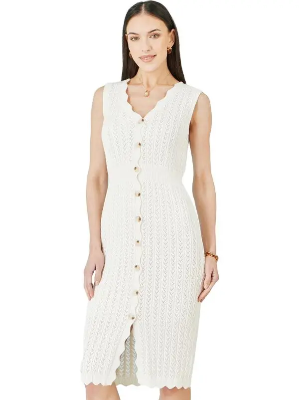 YUMI Cotton Scallop Crochet Knitted Dress - Ivory