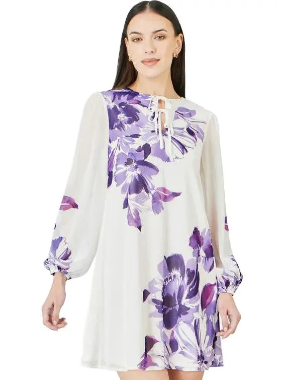 YUMI Keyhole Neck Floral Tunic Mini Dress - Purple