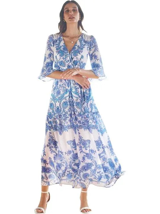 YUMI 3/4 Sleeve Paisley Wrap Midi Dress - Blue