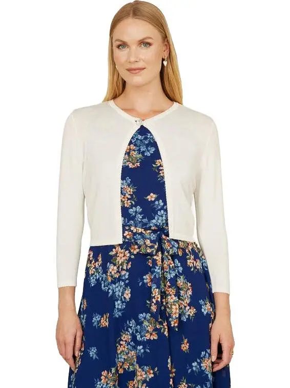 YUMI Diamante Button Cropped Cardigan - Ivory
