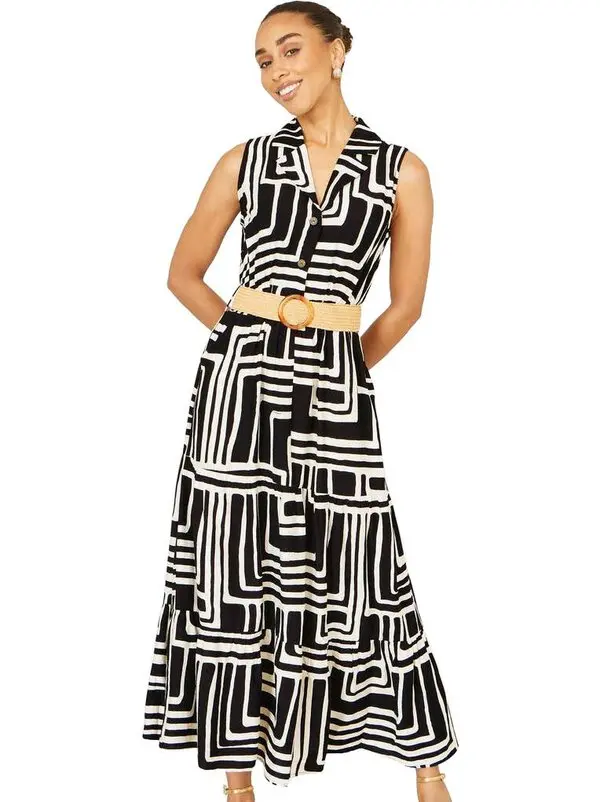 YUMI Geo Print Sleeveless Midi Shirt Dress - Black