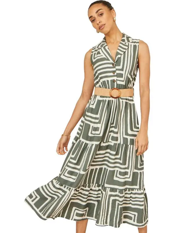 YUMI Geo Print Sleeveless Midi Shirt Dress - Green