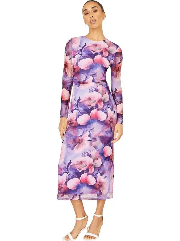 YUMI Tie Back Floral Print Mesh Midi Dress - Purple