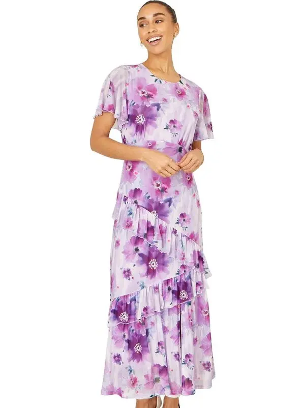 YUMI Floral Print Frill Midi Dress - Lavender