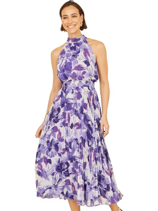 YUMI Floral Halter Neck Pleated Midi Dress - Purple