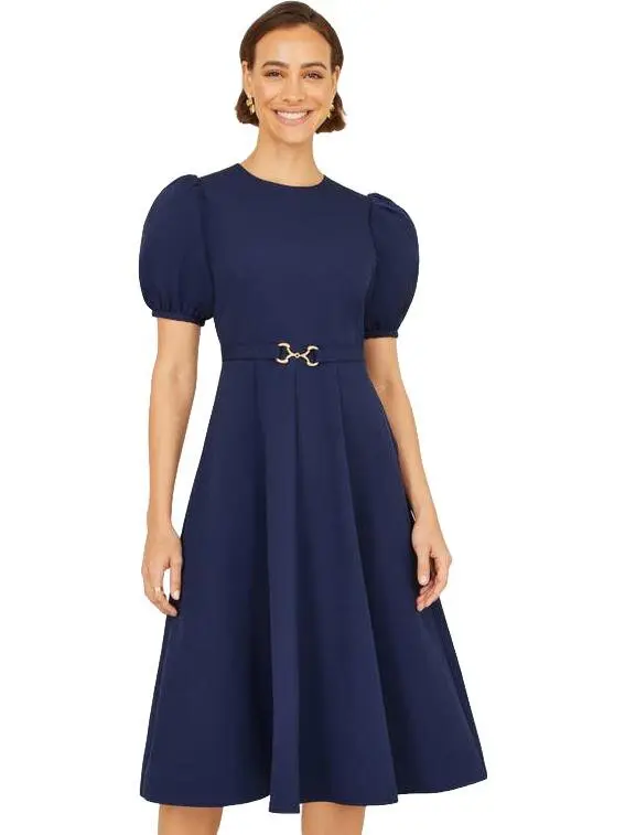 YUMI Buckle Detail Short Sleeve Skater Dress - Navy