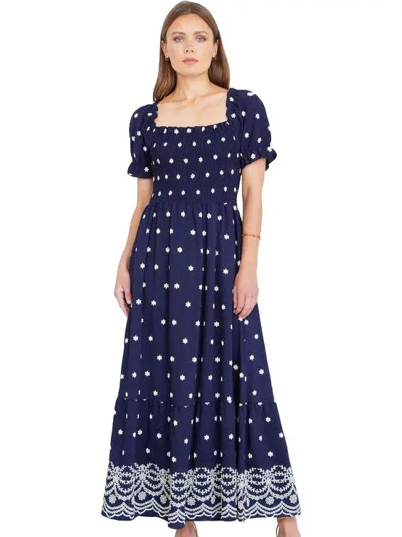YUMI Border Hemline Smocked Maxi Dress - Navy