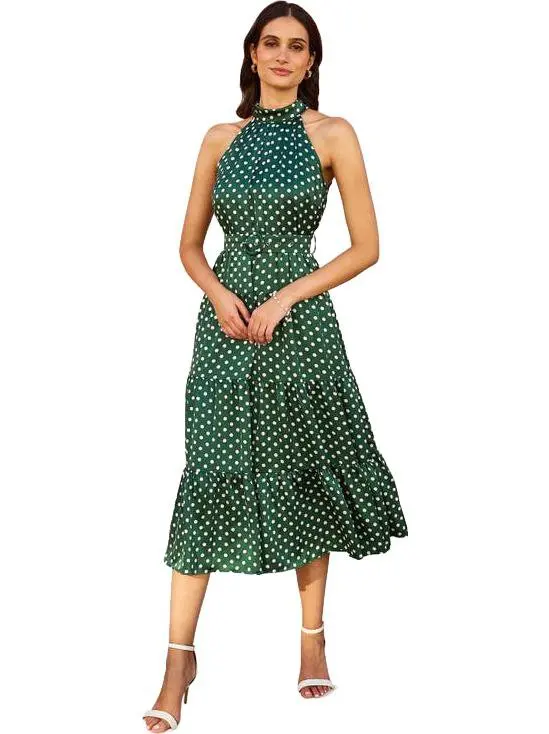 YUMI Spot Print Halter Midi Dress - Green