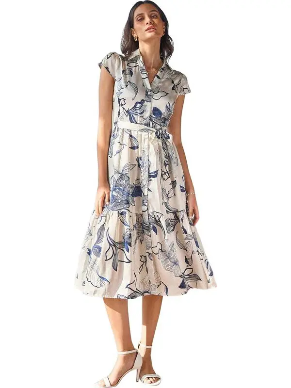 YUMI Abstract Floral Shirt Midi Dress - Ivory