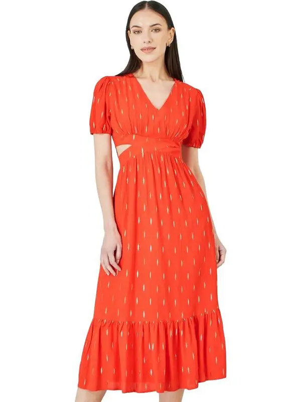 YUMI Foil Print Viscose Midi Dress With Cut-out Detail - Orange