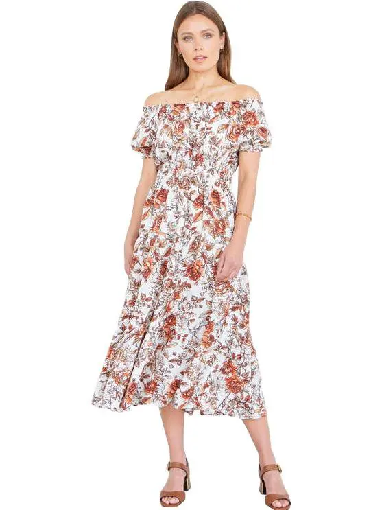 YUMI Floral Ruched Waist Midi Dress - Orange