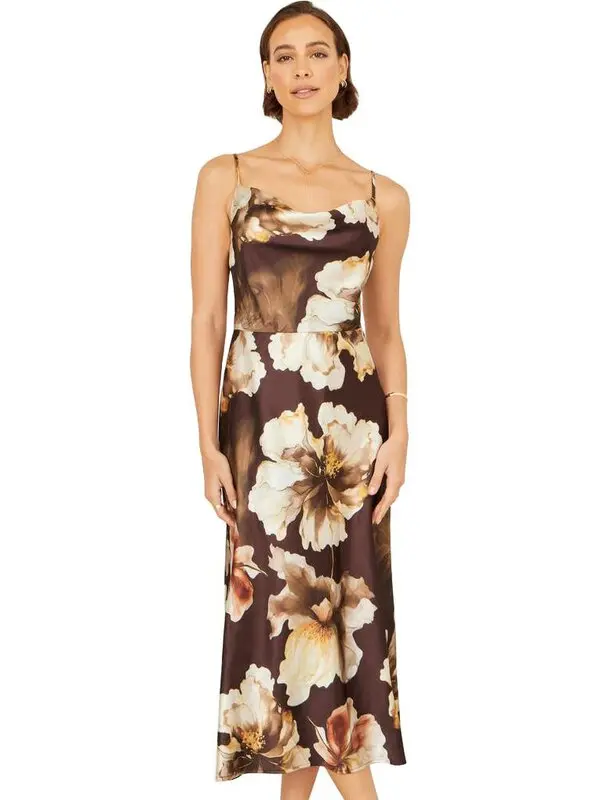 YUMI Cowl Neck Floral Print Slip Dress - Brown