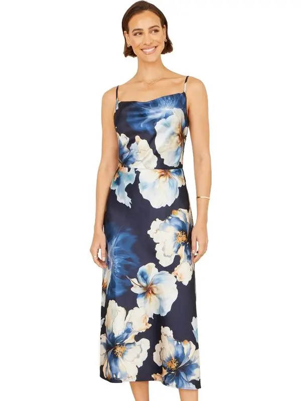 YUMI Cowl Neck Floral Print Slip Dress - Navy