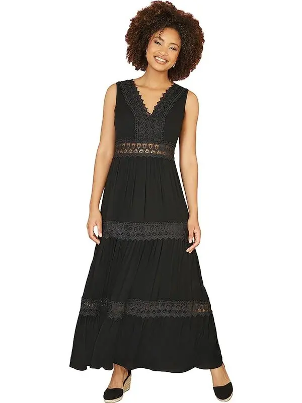 YUMI Lace Trim Cotton Maxi Dress - Black
