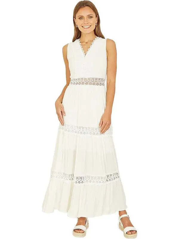 YUMI Lace Trim Cotton Maxi Dress - White