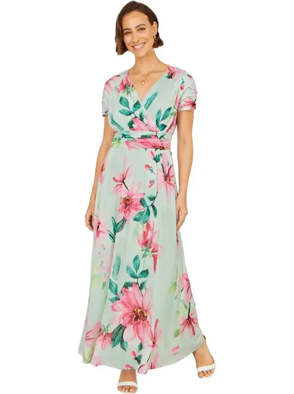 YUMI Mesh Floral Maxi Dress - Mint Green