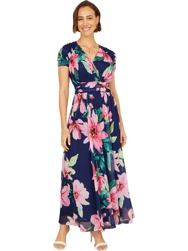 YUMI Mesh Floral Maxi Dress - Navy